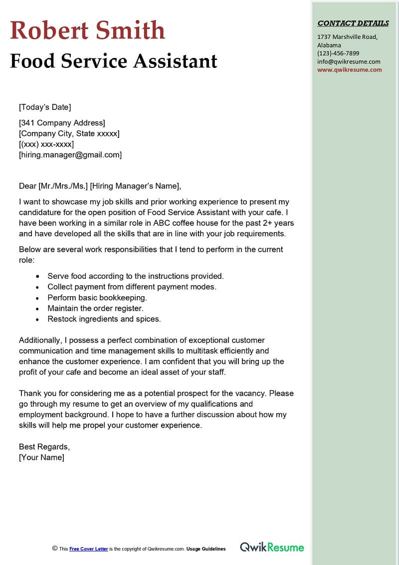 Food Service Supervisor Cover Letter Examples QwikResume