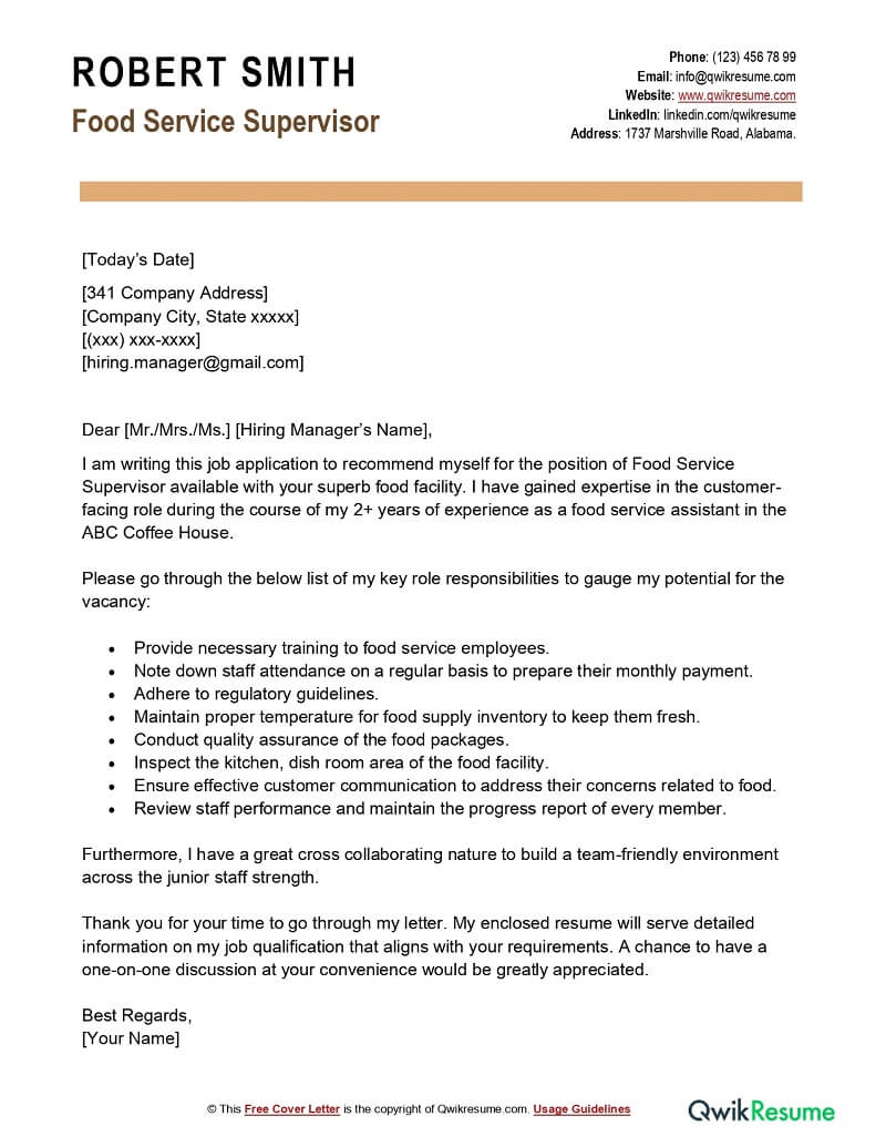 Food Service Supervisor Cover Letter Examples QwikResume
