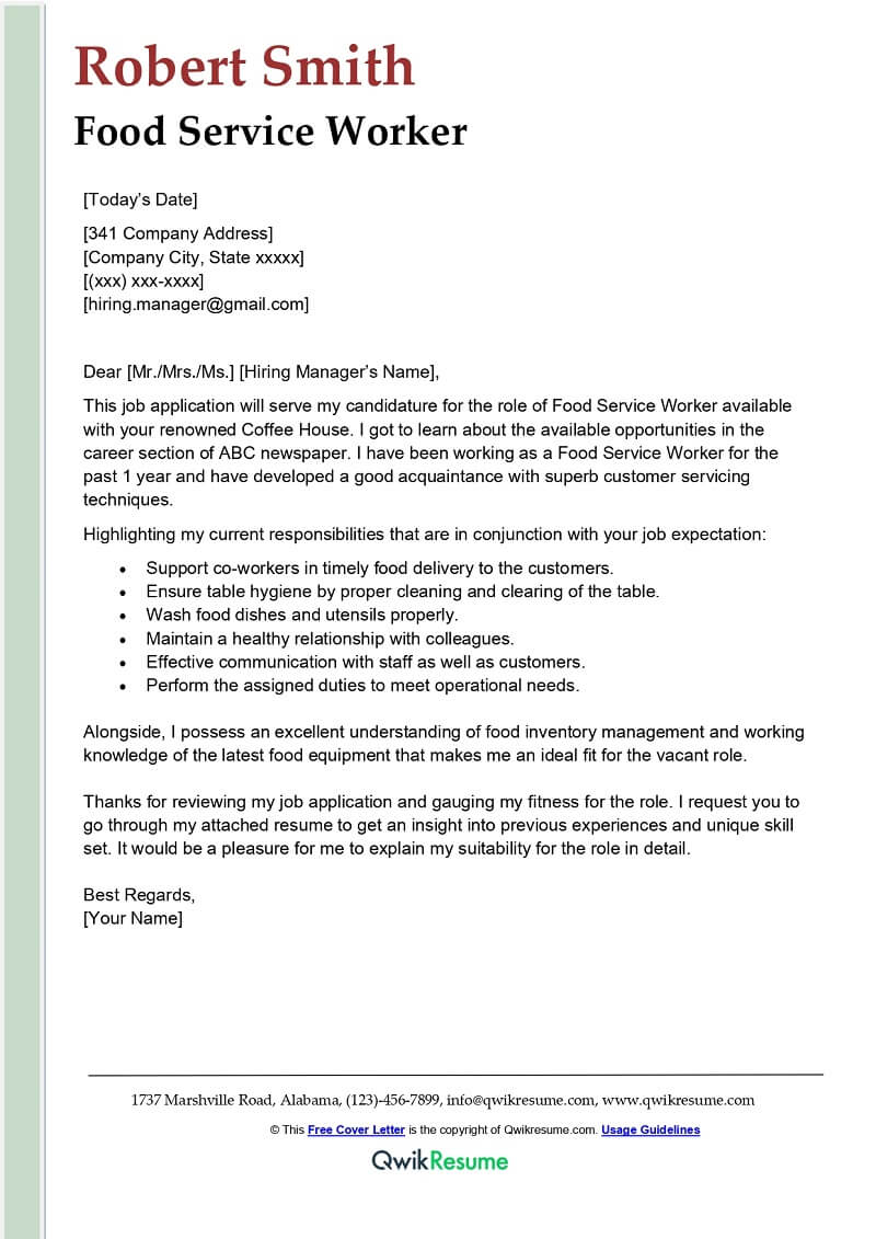 Food Service Supervisor Cover Letter Examples QwikResume
