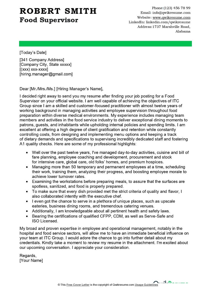 Food Supervisor Cover Letter Examples QwikResume