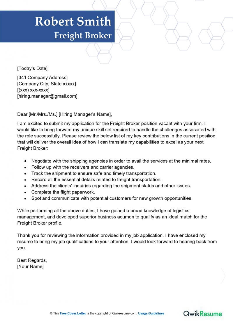 Freight Broker Cover Letter Examples QwikResume