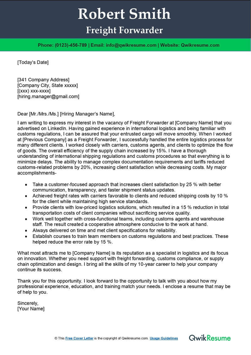 Freight Forwarder Cover Letter Examples QwikResume