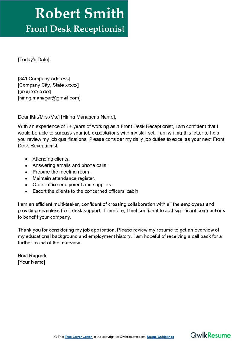 Hotel Front Desk Cover Letter With No Experience