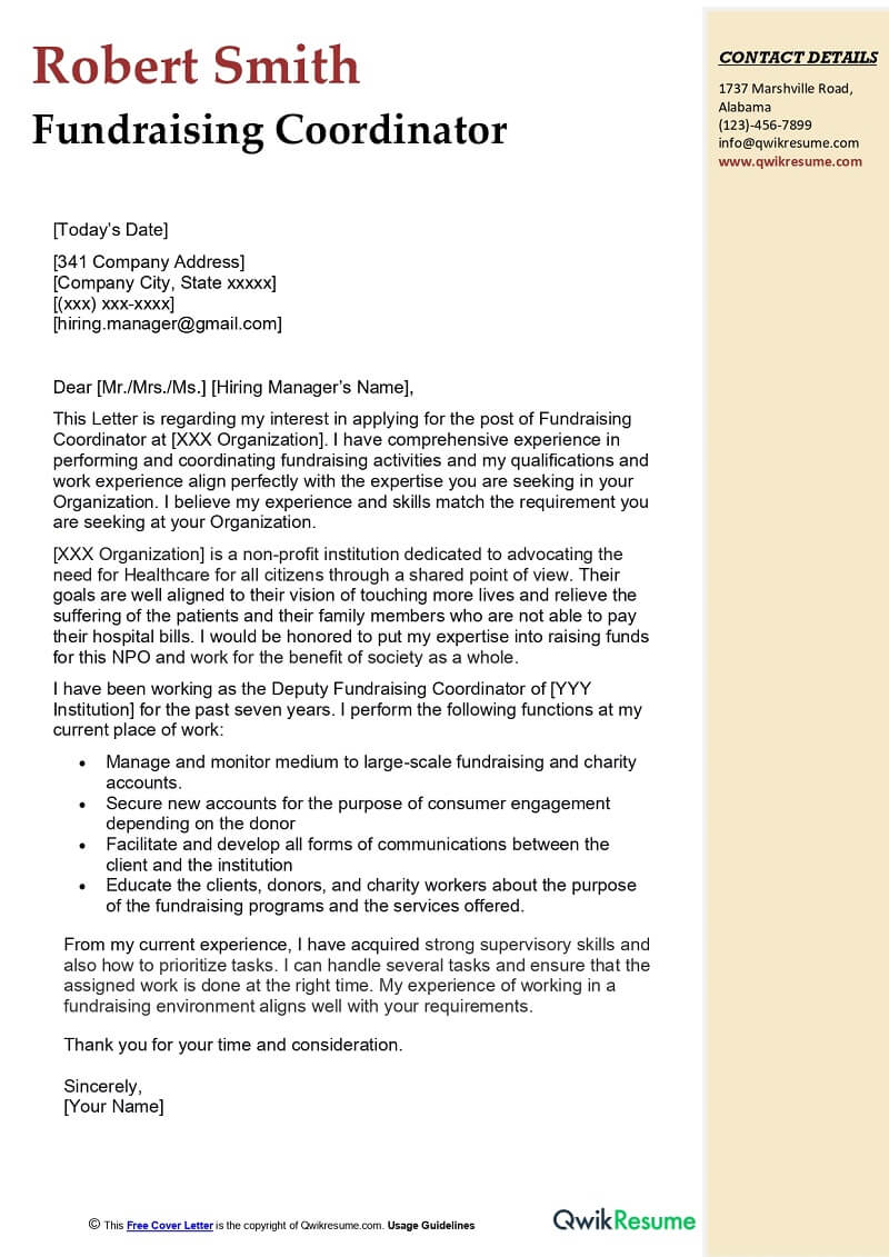 Fundraising Coordinator Cover Letter Examples QwikResume