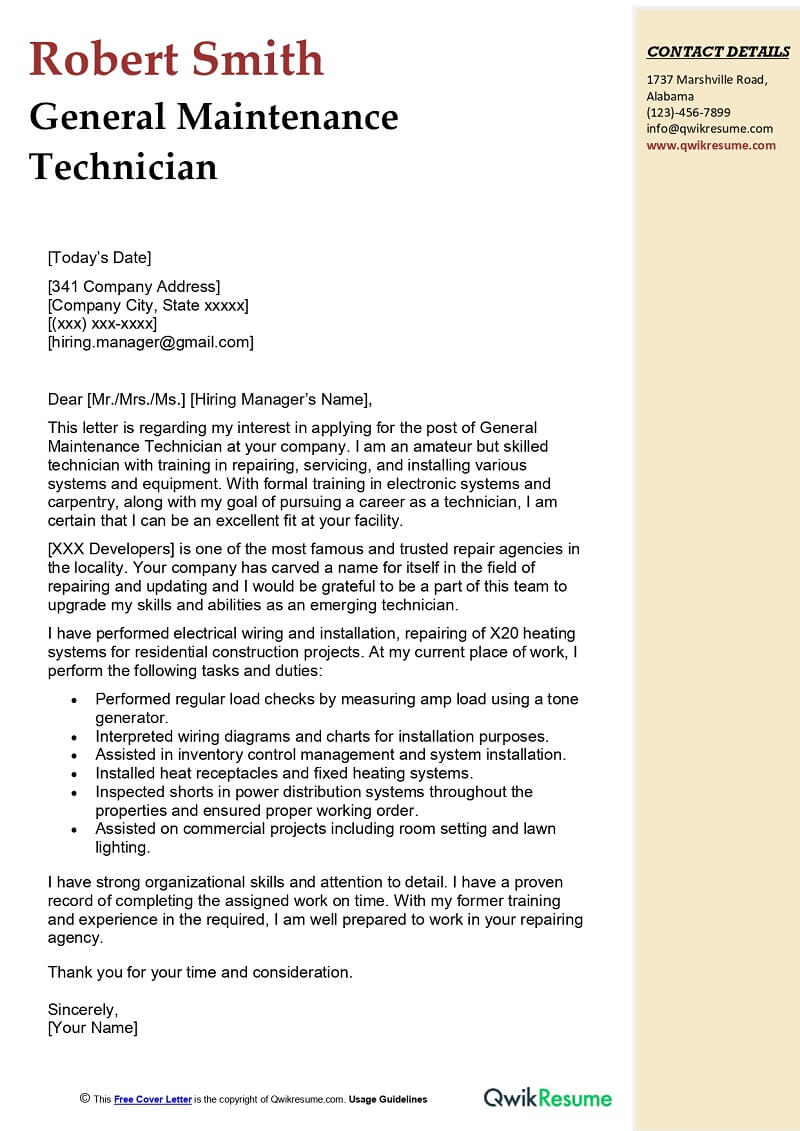 General Maintenance Technician Cover Letter Examples QwikResume