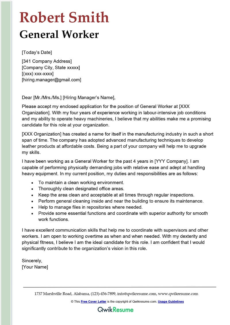 General Worker Cover Letter Example