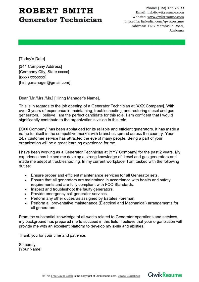 Generator Technician Cover Letter Examples QwikResume