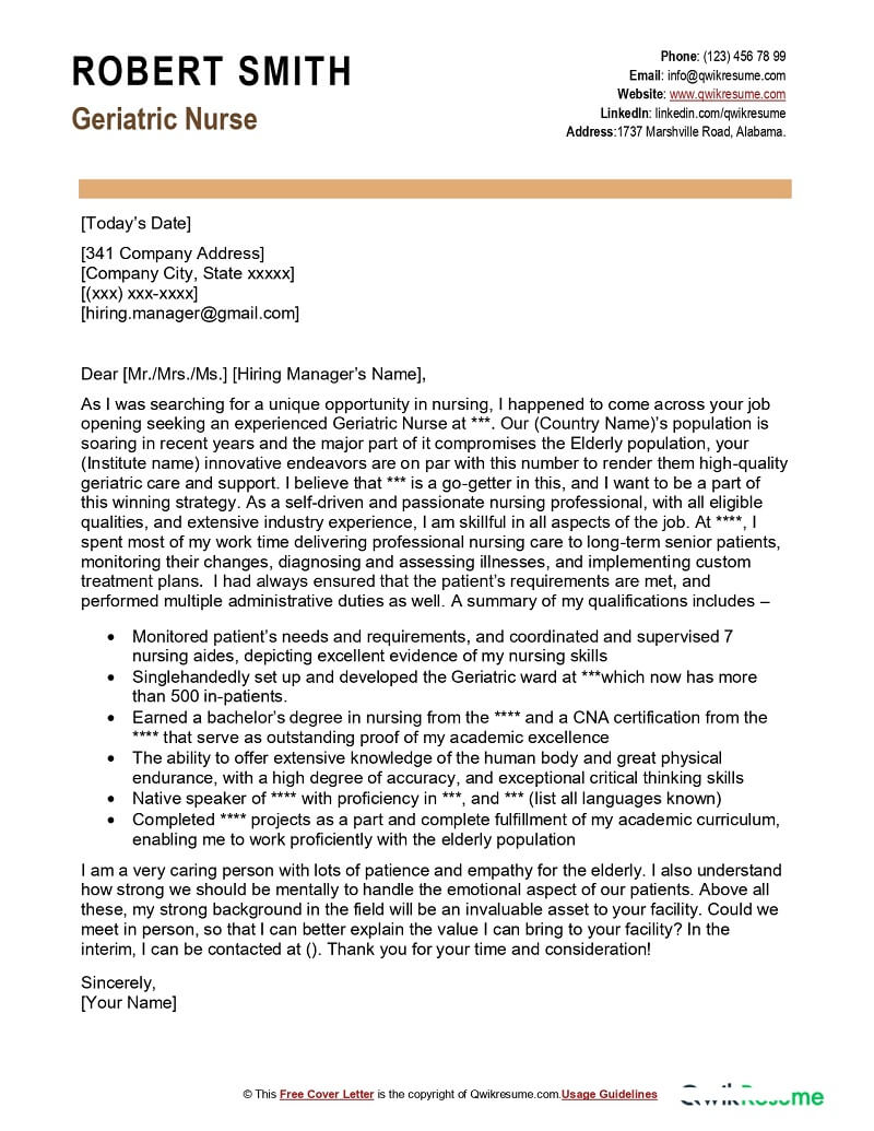 Geriatric Nurse Cover Letter Examples QwikResume