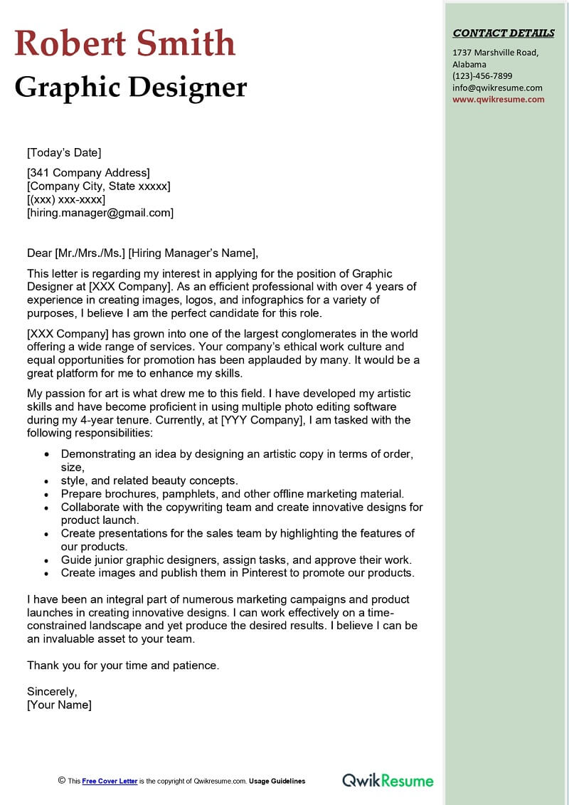 Graphic Designer Cover Letter Examples QwikResume