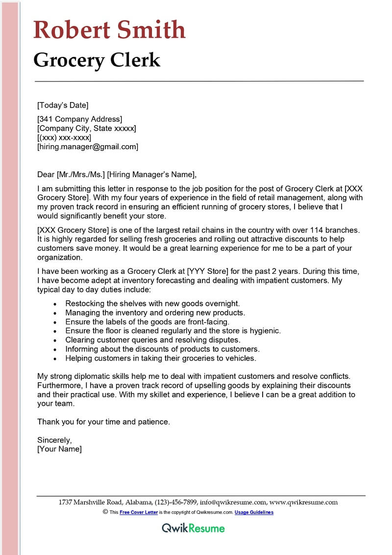 Store Clerk Cover Letter Examples QwikResume