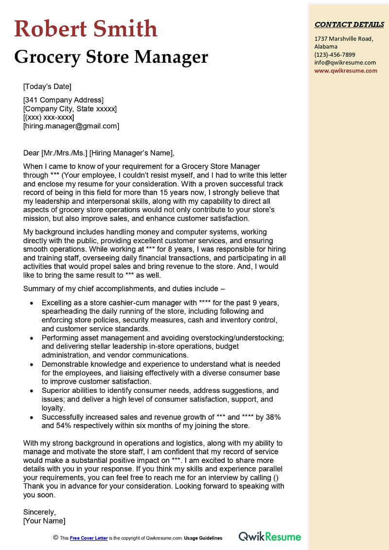 Grocery Store Manager Cover Letter Examples QwikResume