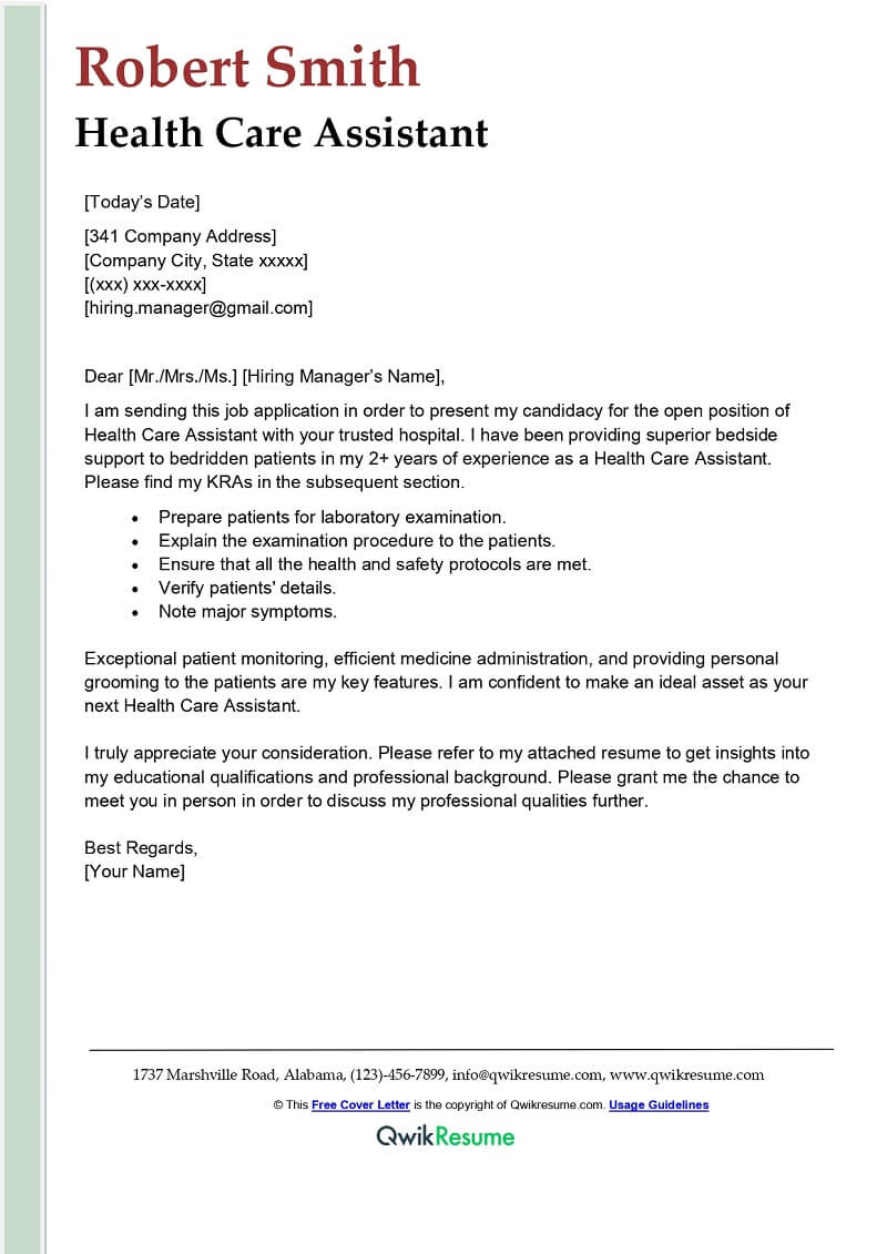 Health Care Assistant Cover Letter Examples QwikResume