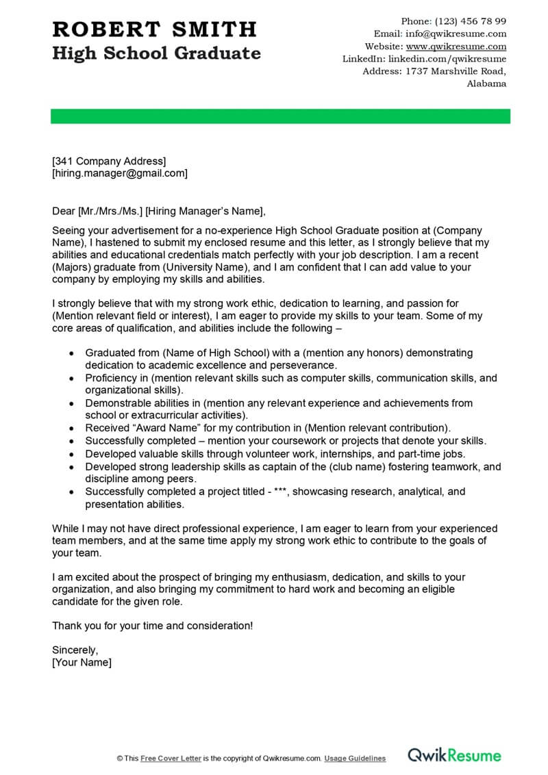 High School Graduate Cover Letter Examples QwikResume