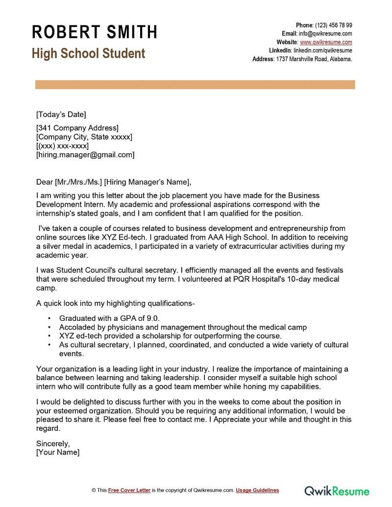 High School Student Cover Letter Examples QwikResume