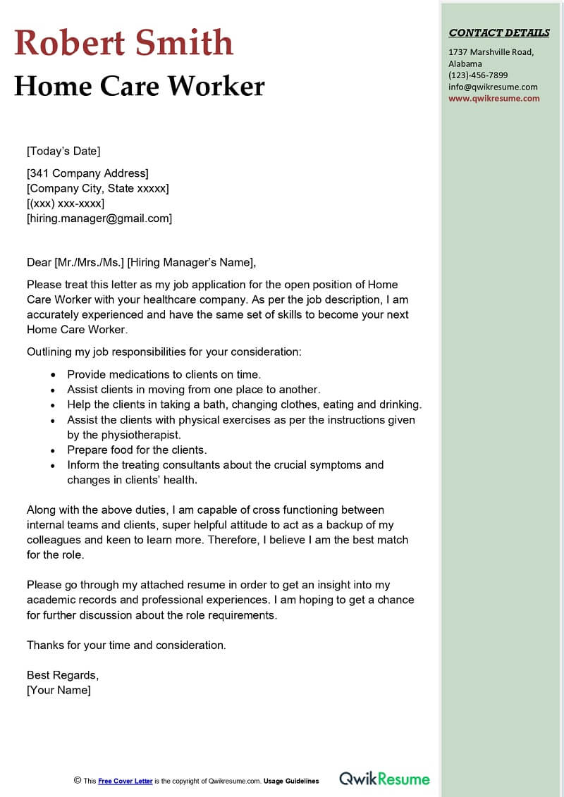 Care Worker Cover Letter Sample