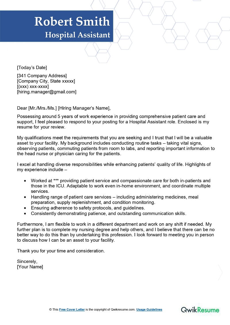 Hospital Assistant Cover Letter Examples QwikResume