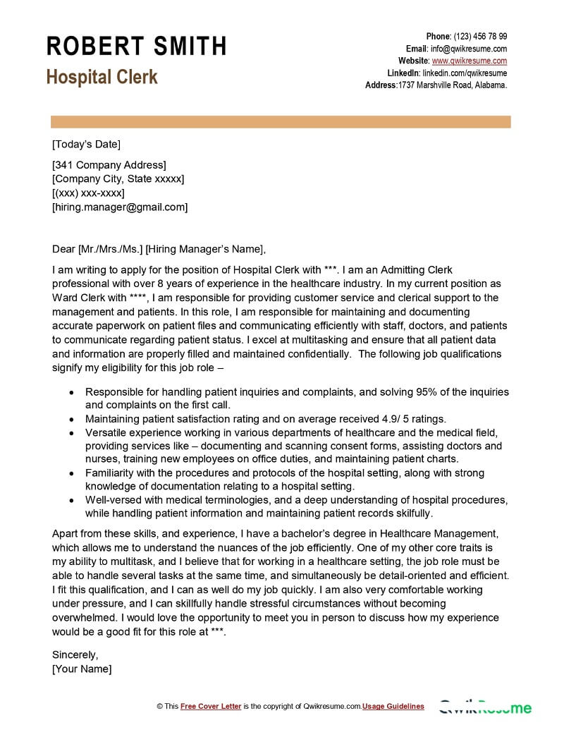 Hospital Clerk Cover Letter Examples QwikResume