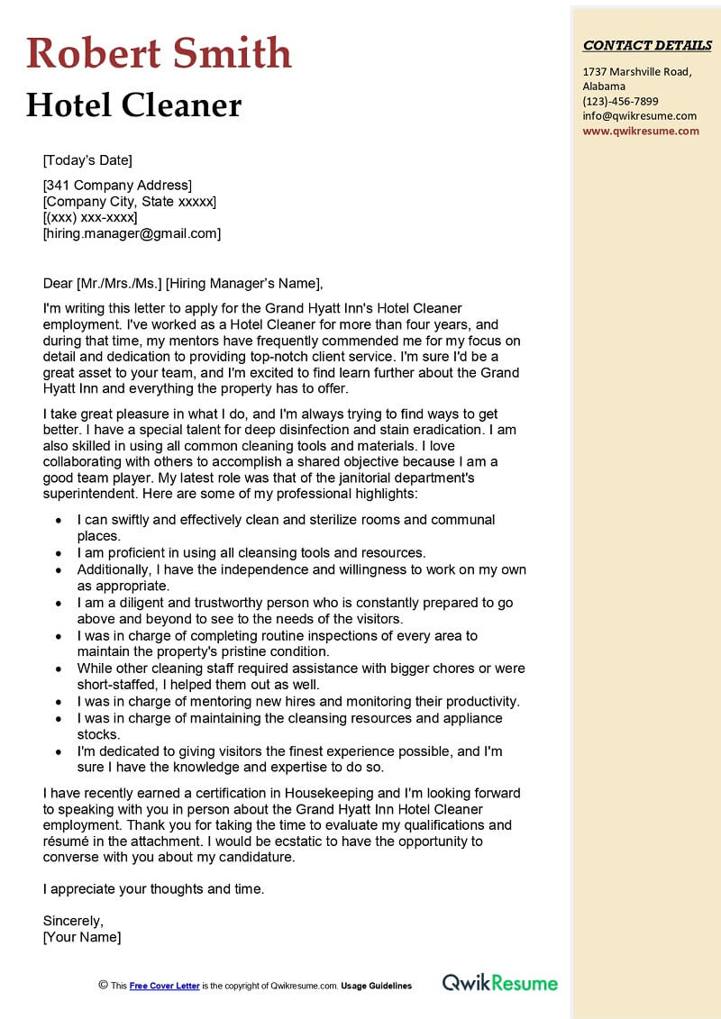 Hotel Cleaner Cover Letter Examples QwikResume