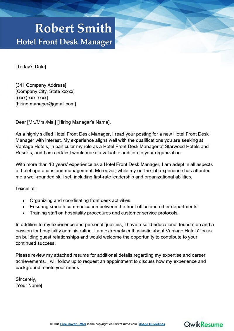 Hotel Front Desk Manager Cover Letter Examples QwikResume