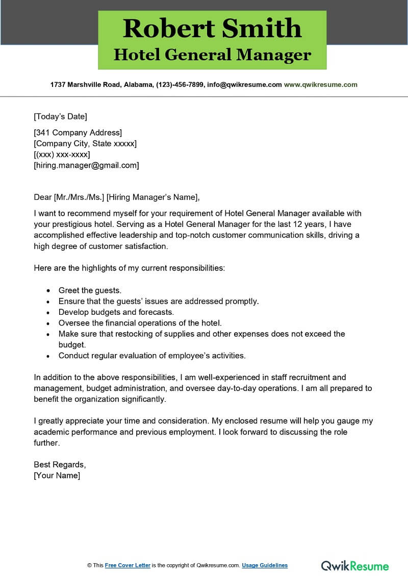 Hotel General Manager Cover Letter Examples QwikResume