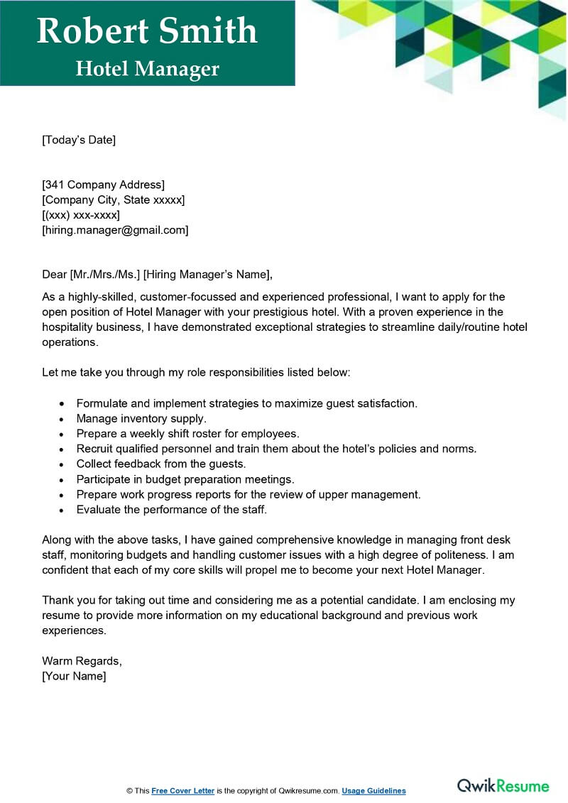 Hotel Manager Cover Letter Examples QwikResume