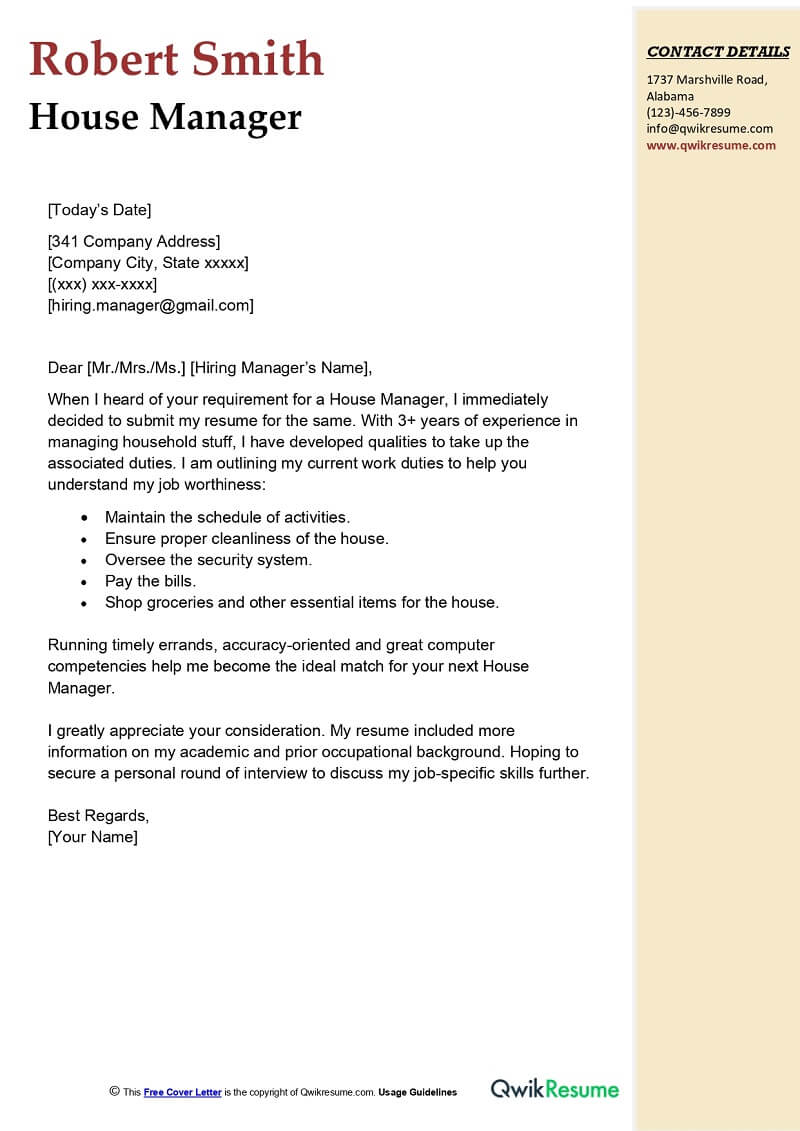 House Manager Cover Letter Examples QwikResume