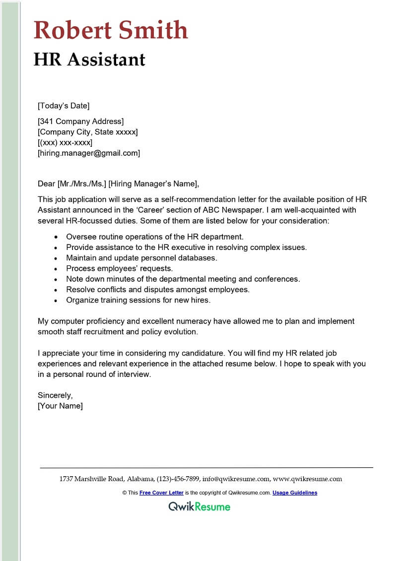 Sample Of Hr Assistant Cover Letter