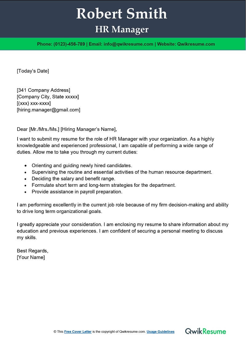HR Manager Cover Letter Examples QwikResume