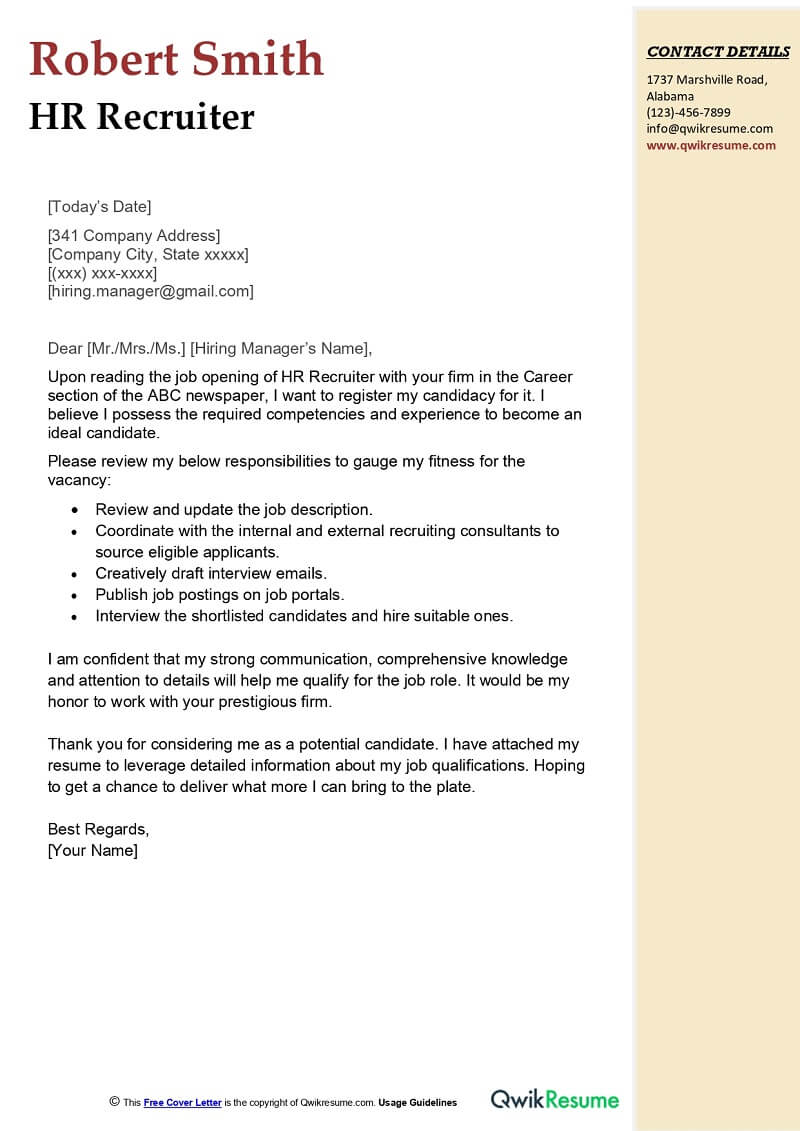 Cover Letter For Hr Recruiter
