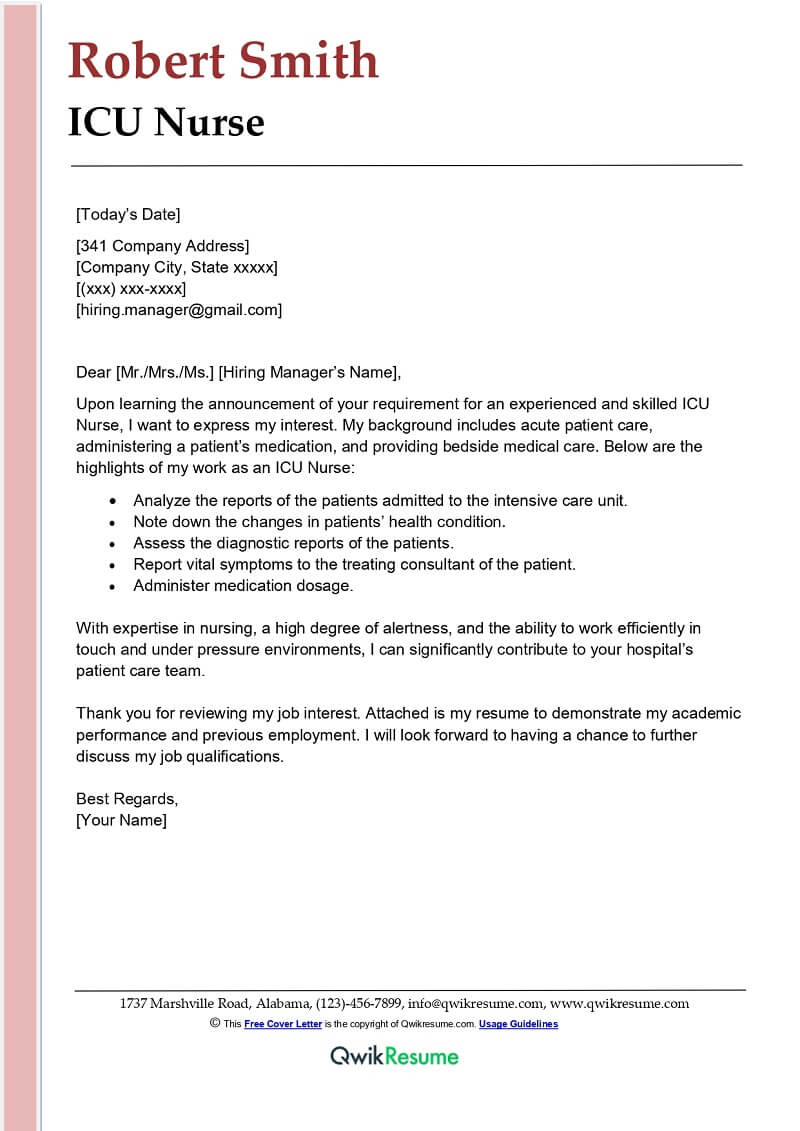 ICU Nurse Cover Letter Examples QwikResume