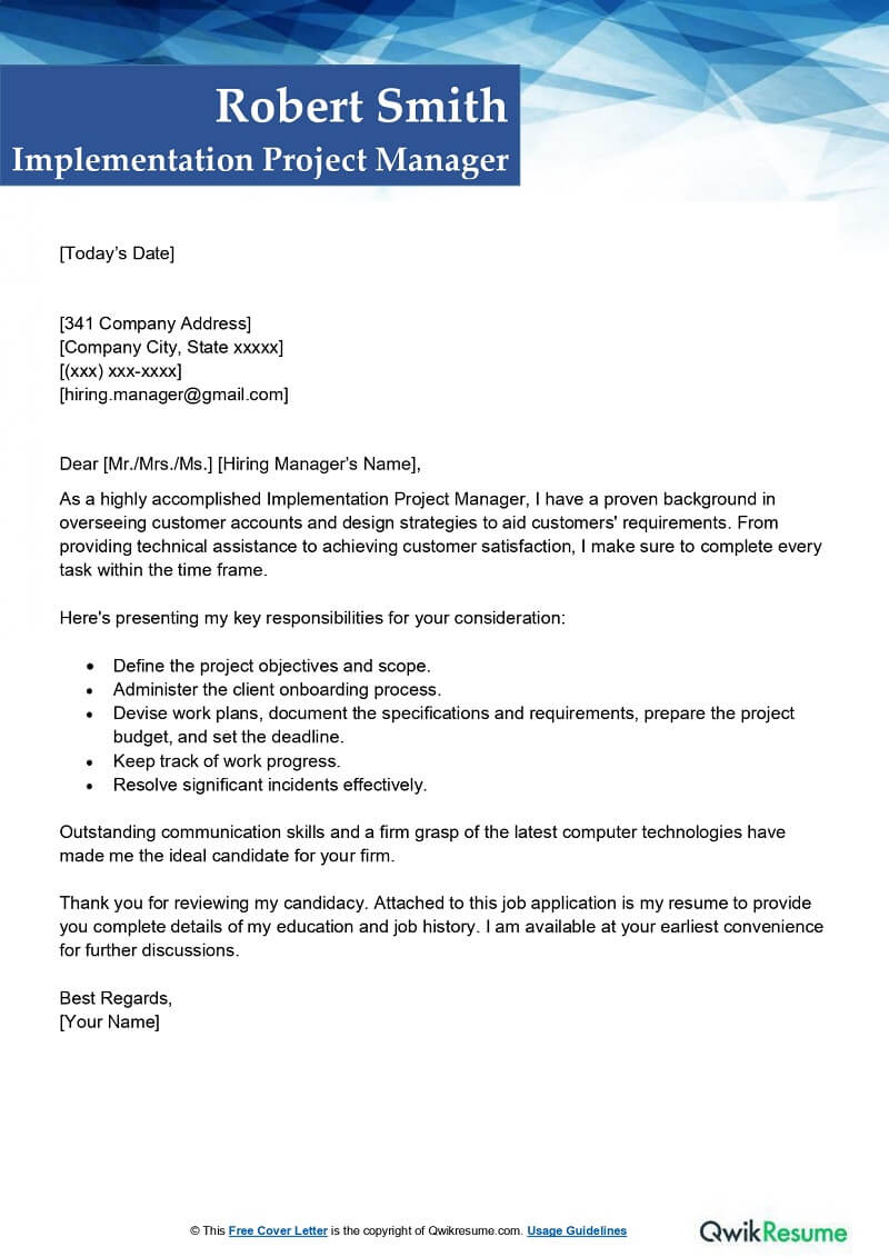 Implementation Project Manager Cover Letter Examples QwikResume