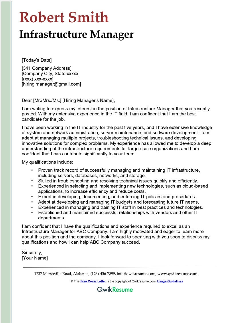 Infrastructure Manager Cover Letter Examples QwikResume Infrastructure Manager Cover Letter Examples QwikResume