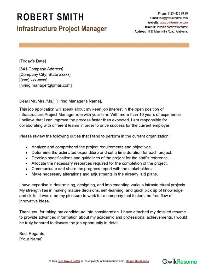 Infrastructure Project Manager Cover Letter Examples QwikResume