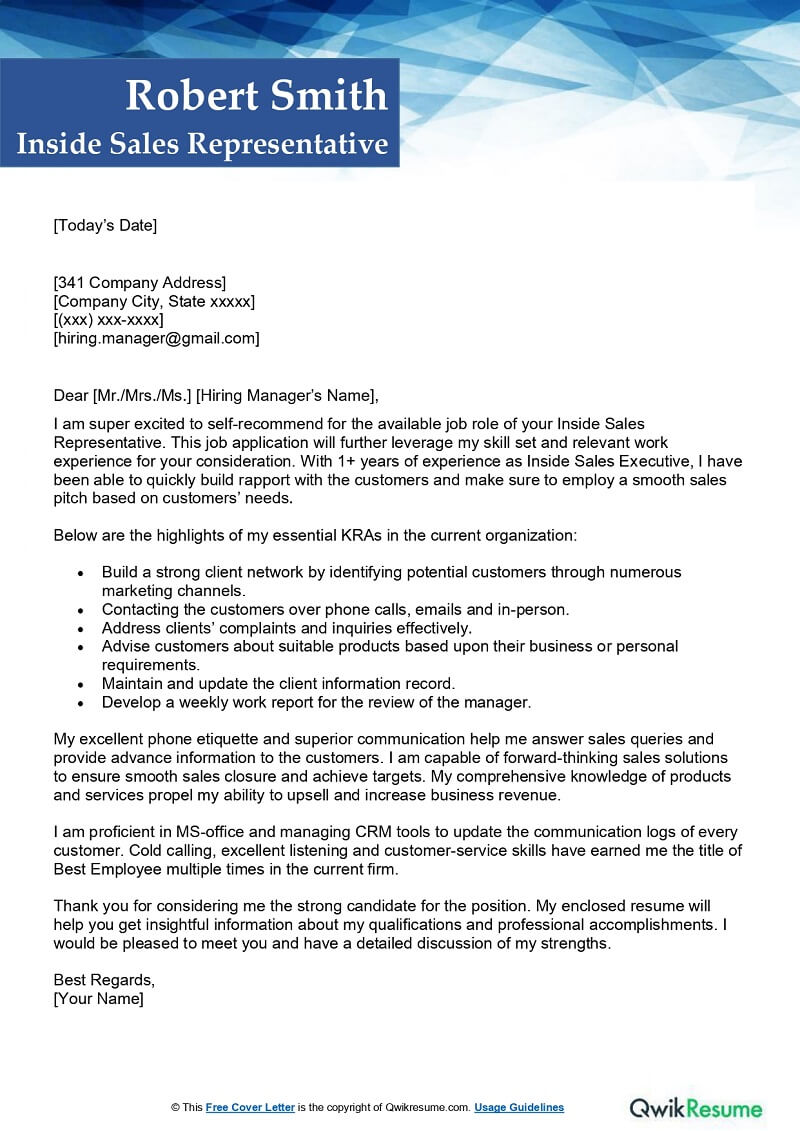 Inside Sales Representative Cover Letter