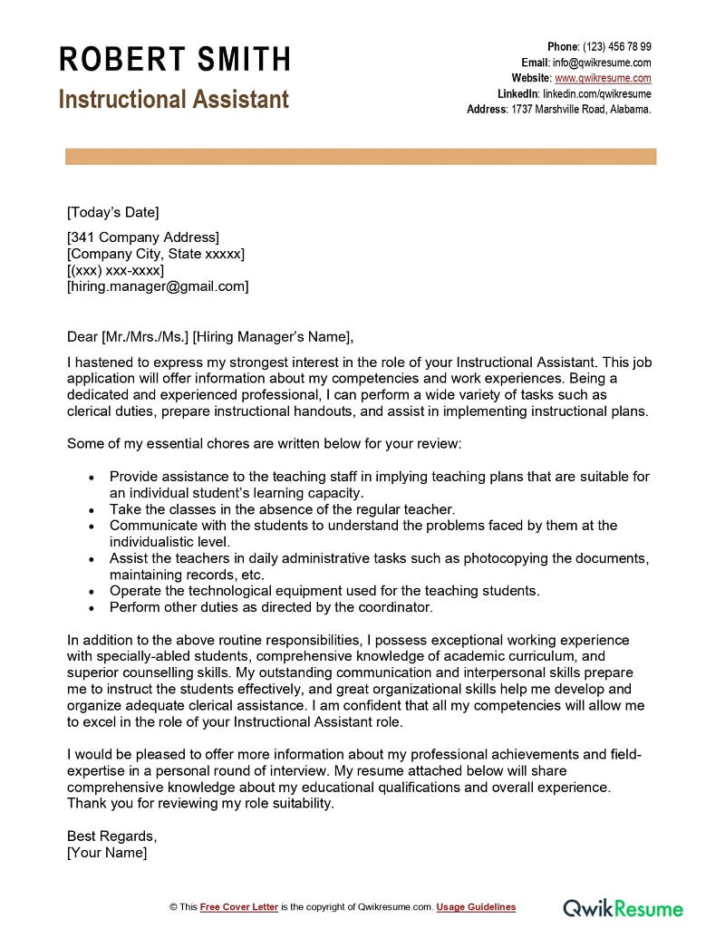 Instructional Assistant Cover Letter Examples QwikResume