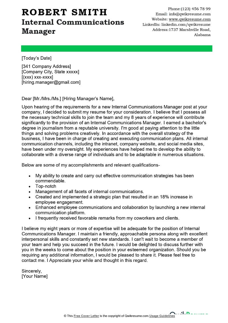 Internal Communications Manager Cover Letter Examples QwikResume