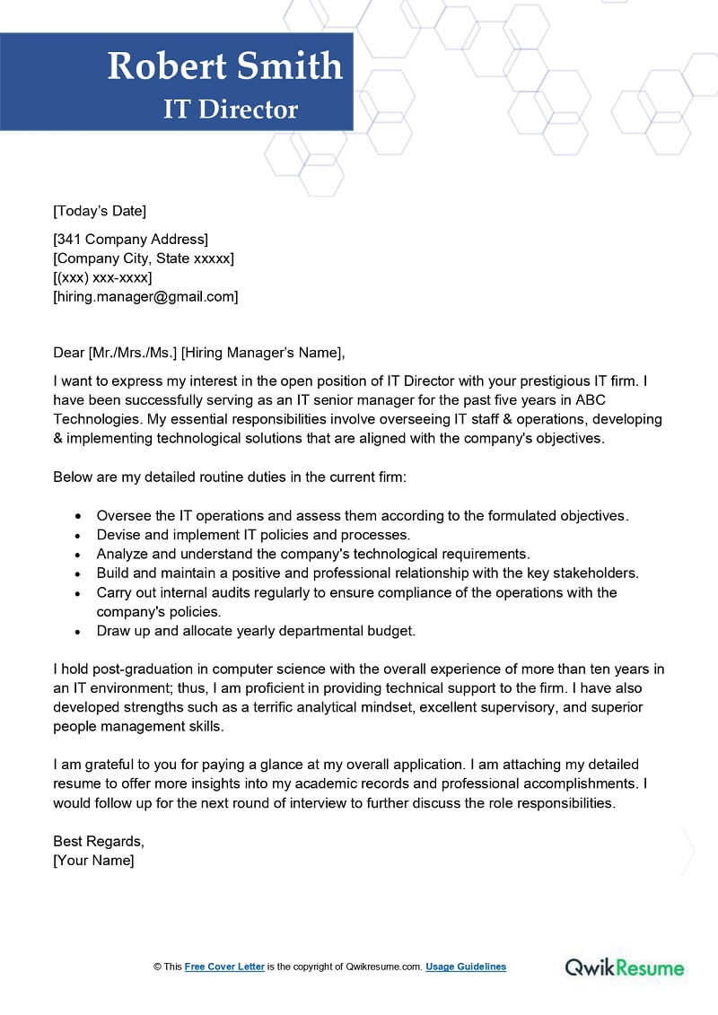IT Director Cover Letter Examples QwikResume