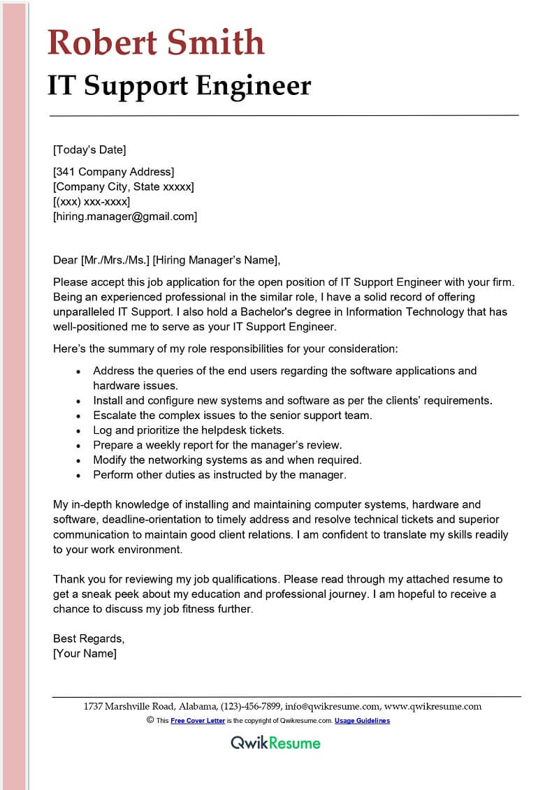 IT Support Engineer Cover Letter Examples QwikResume