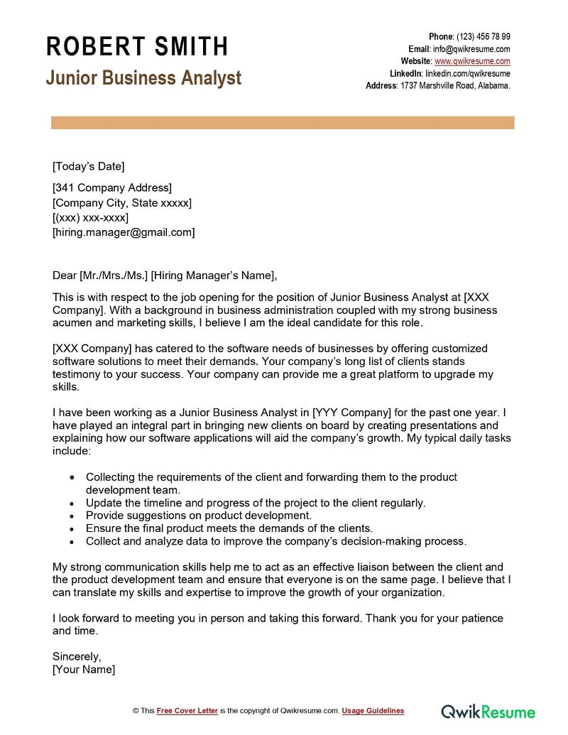 Entry Level Business Analyst Cover Letter