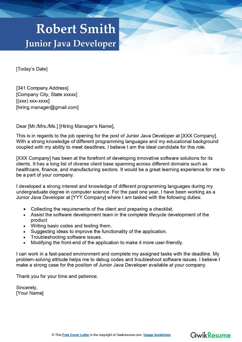 Junior Java Developer Cover Letter Examples QwikResume