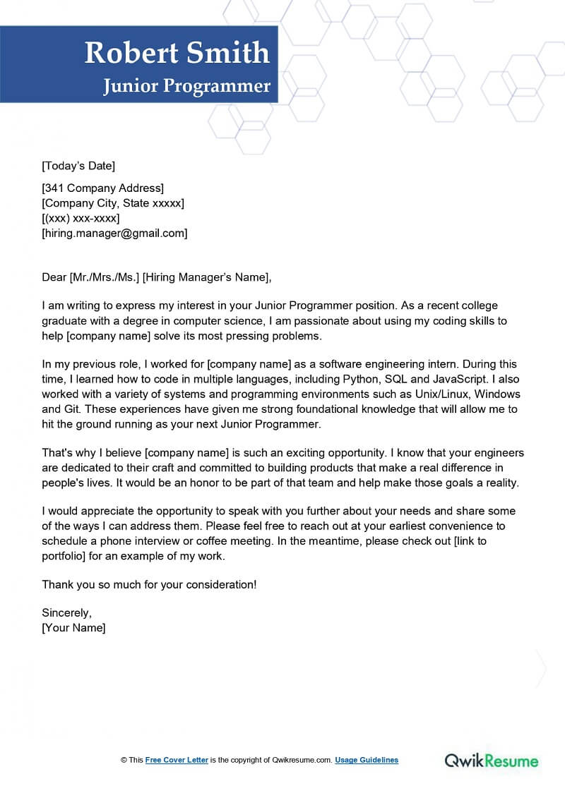 Junior Programmer Cover Letter Examples QwikResume
