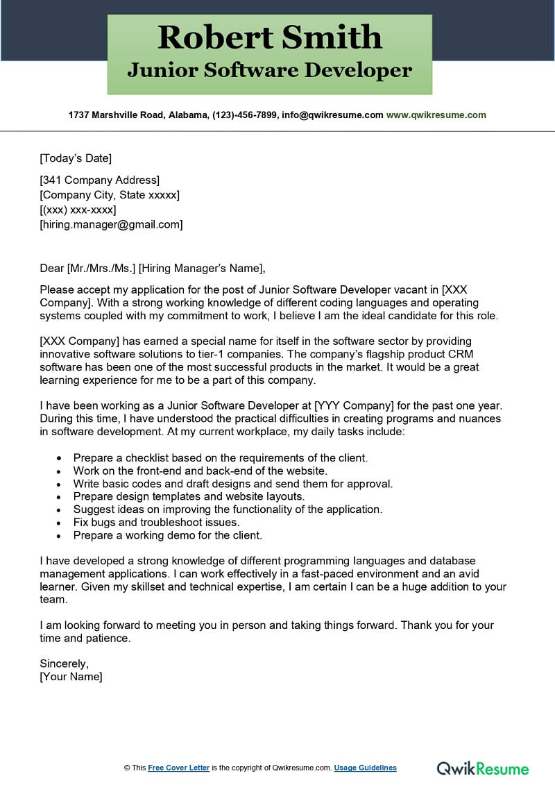 Junior Software Developer Cover Letter Examples QwikResume