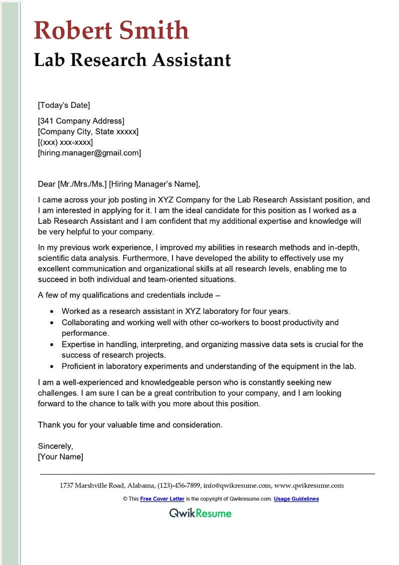 Lab Research Assistant Cover Letter Examples QwikResume