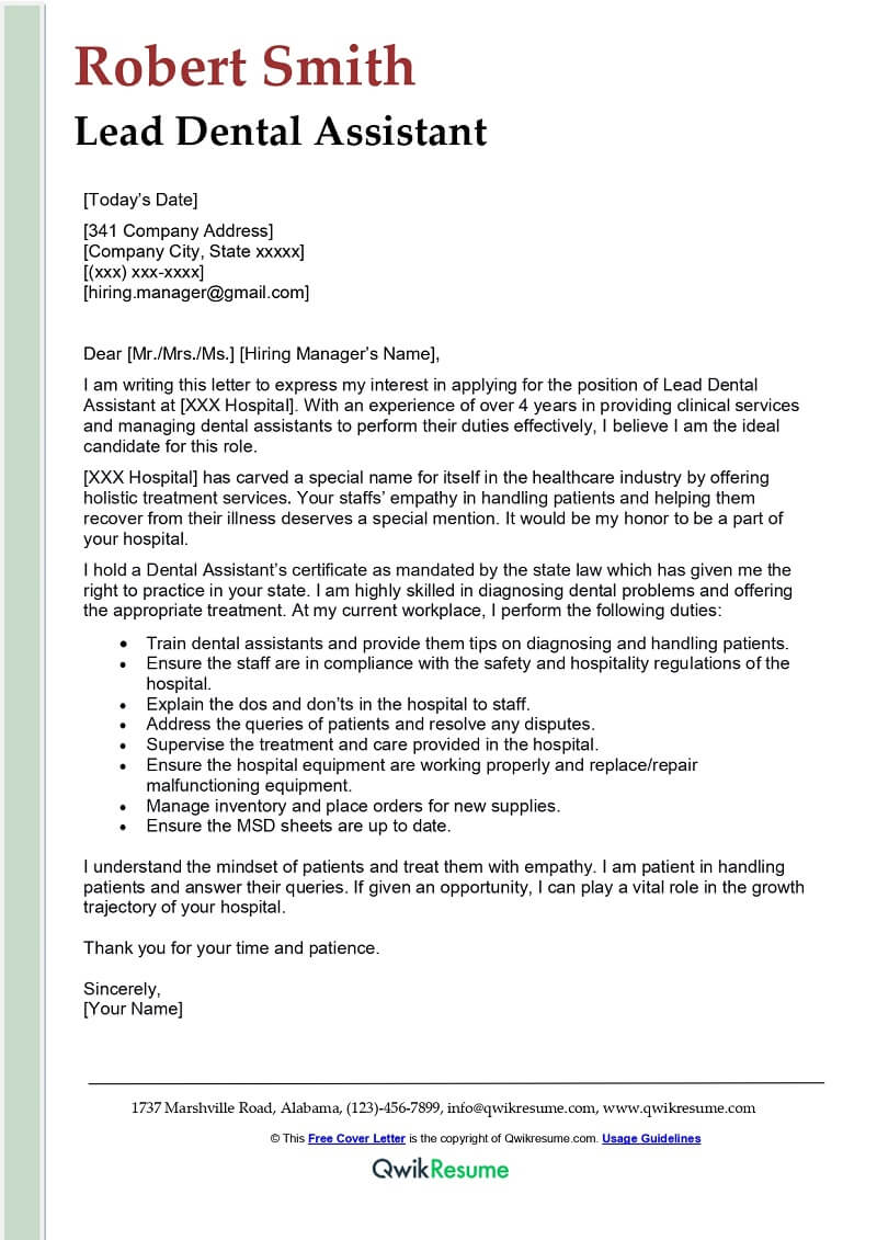 Lead Dental Assistant Cover Letter Examples QwikResume
