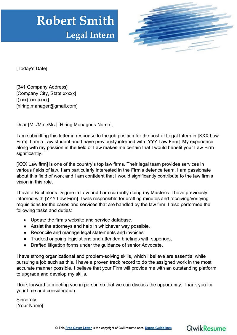 Legal Intern Cover Letter Examples QwikResume