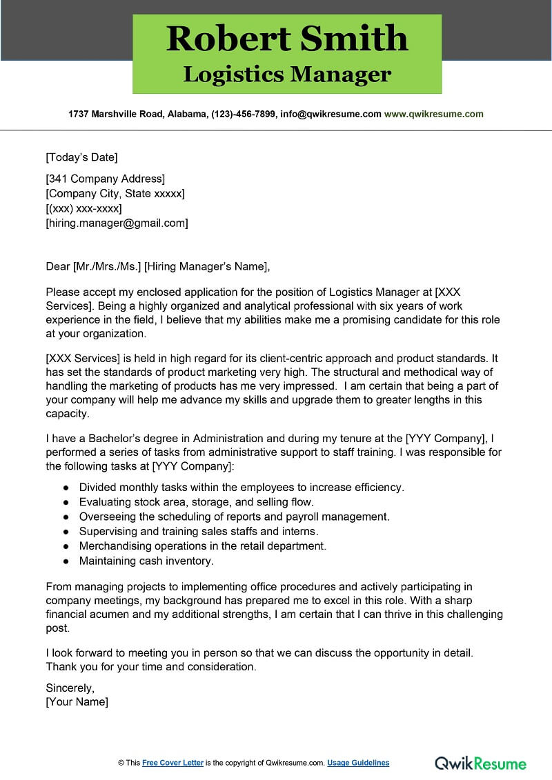Logistics Manager Cover Letter Examples QwikResume