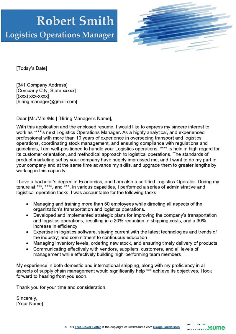 Logistics Operations Manager Cover Letter Examples QwikResume