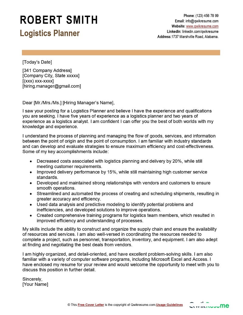 Logistics Planner Cover Letter Examples QwikResume