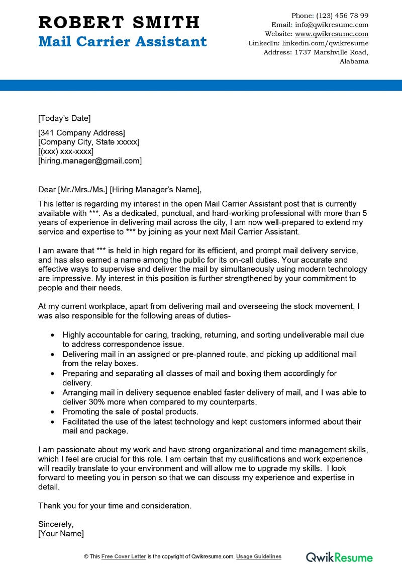 Mail Carrier Assistant Cover Letter Examples QwikResume