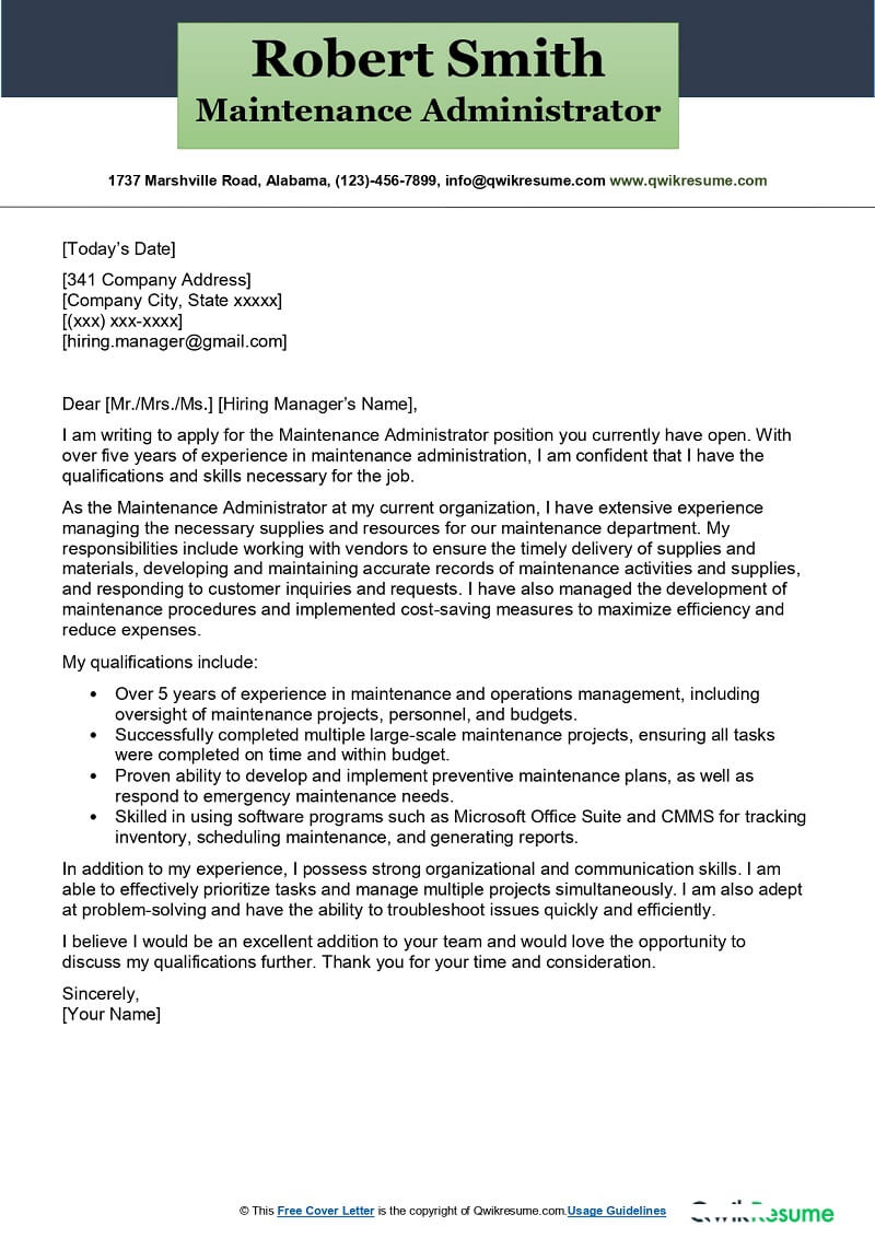 Maintenance Administrator Cover Letter Examples QwikResume